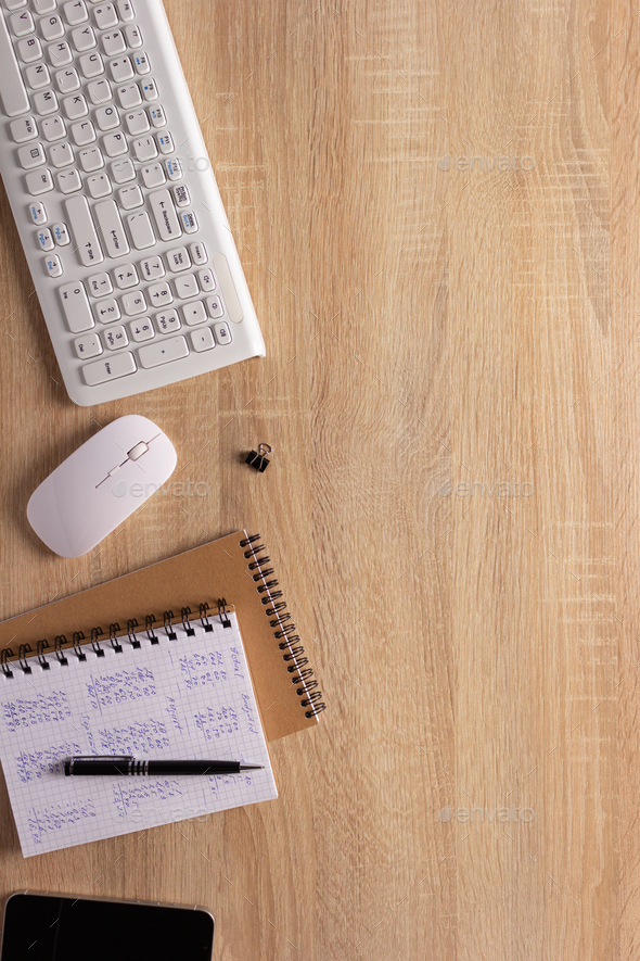 Business accounting workplace and stationary supplies on desk table ...