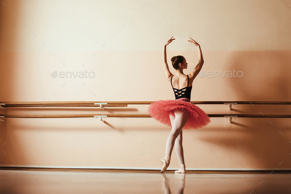 Rear view of graceful ballerina practicing in ballet studio. Stock ...