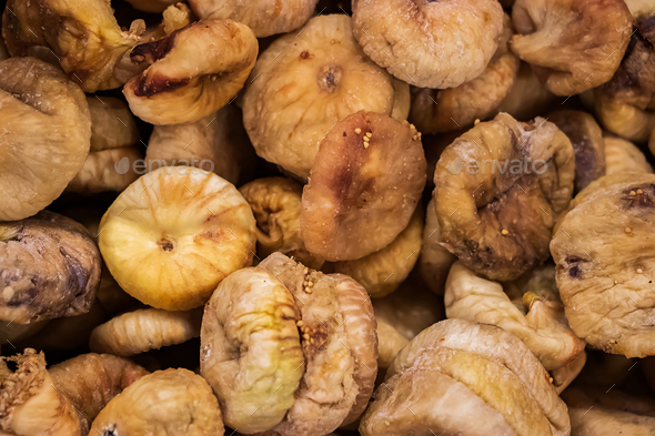 Selling dried figs in a supermarket. Fruits for a healthy diet. Stock ...