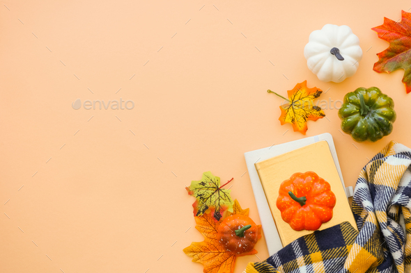 Autumn office workspace. Autumn flat lay background. Stock Photo by Nadianb