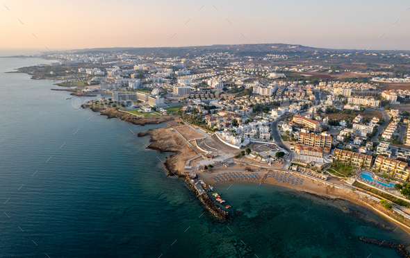 Coastline of holiday resort of Pernera, Protaras Cyprus. Drone aerial ...