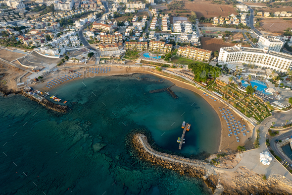 Coastline of holiday resort of Pernera, Protaras Cyprus. Drone aerial ...