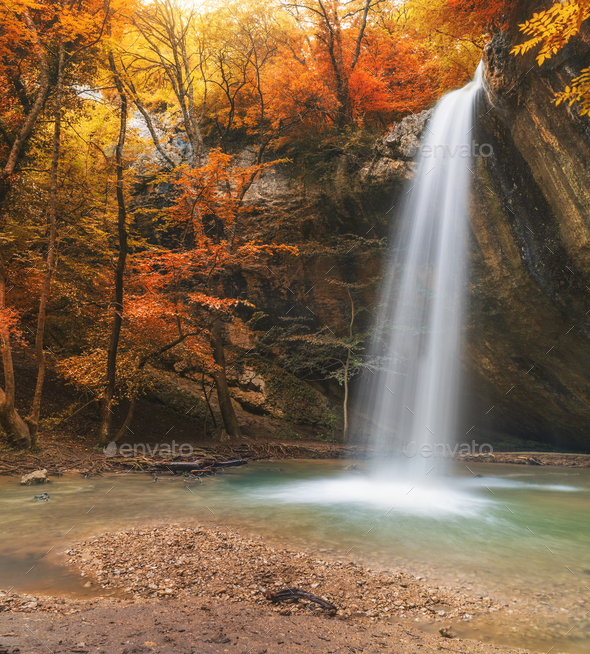 Autumn waterfall and rill flow Stock Photo by rozum | PhotoDune