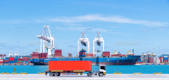 Cargo ship and truck at seaport waiting for container dock crane ...