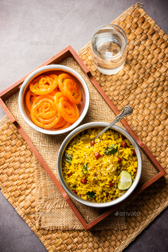 Aloo Poha with Jalebi, snack combination also called imarti and kande ...