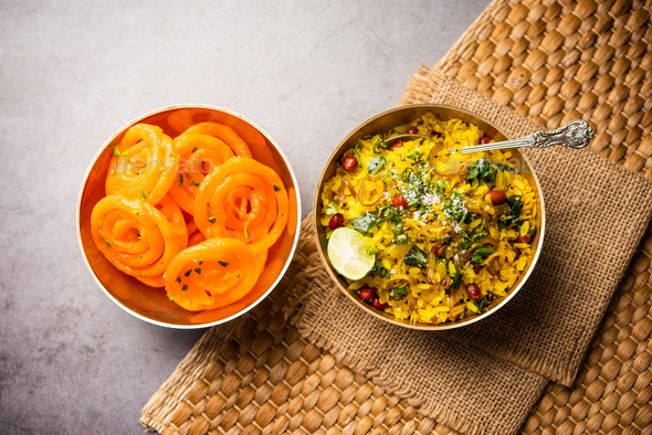 Aloo Poha with Jalebi, snack combination also called imarti and kande ...