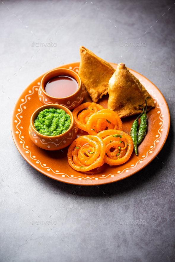 Veg Samosa with Jalebi, snack combination also called imarti and ...