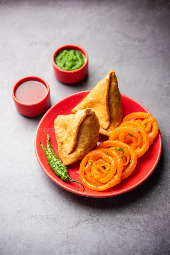Veg Samosa with Jalebi, snack combination also called imarti and ...