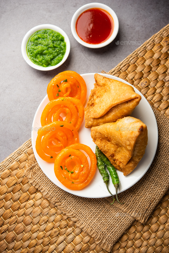 Veg Samosa with Jalebi, snack combination also called imarti and ...