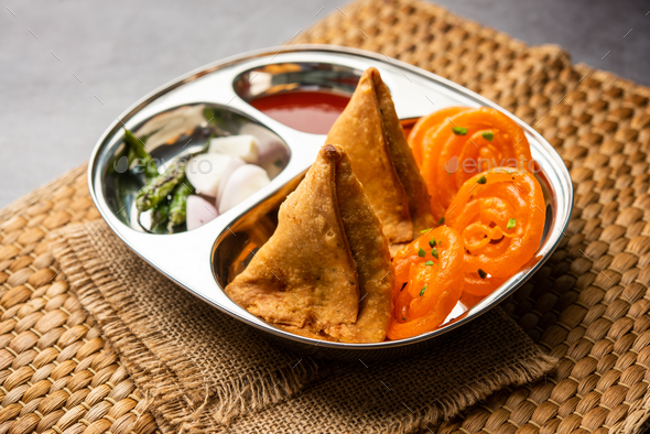 Veg Samosa with Jalebi, snack combination also called imarti and ...