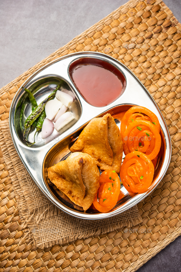 Veg Samosa with Jalebi, snack combination also called imarti and ...
