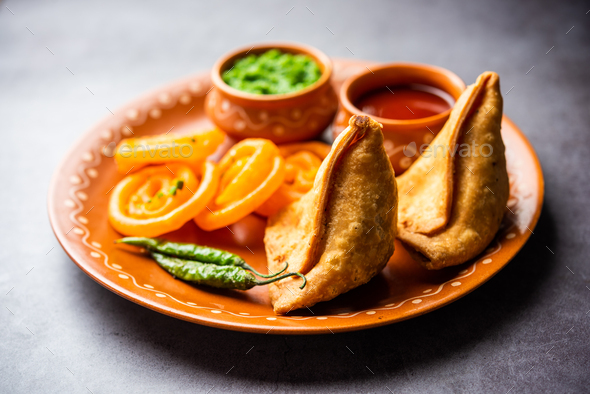 Veg Samosa with Jalebi, snack combination also called imarti and ...