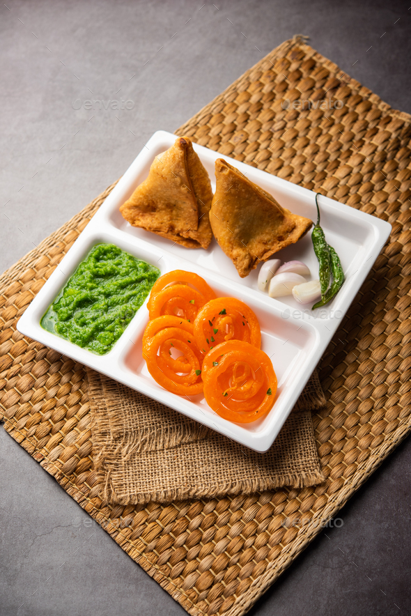 Veg Samosa with Jalebi, snack combination also called imarti and ...