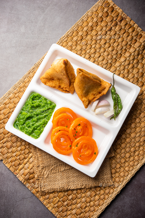 Veg Samosa with Jalebi, snack combination also called imarti and ...
