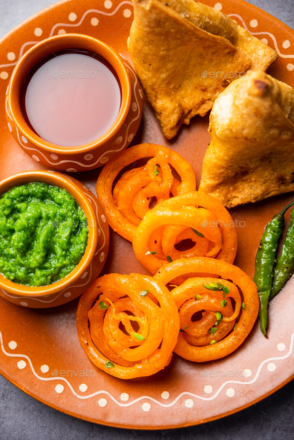 Veg Samosa with Jalebi, snack combination also called imarti and ...