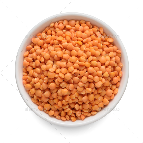 Orange lentil in white bowl isolated on white. Top view. Stock Photo by ...