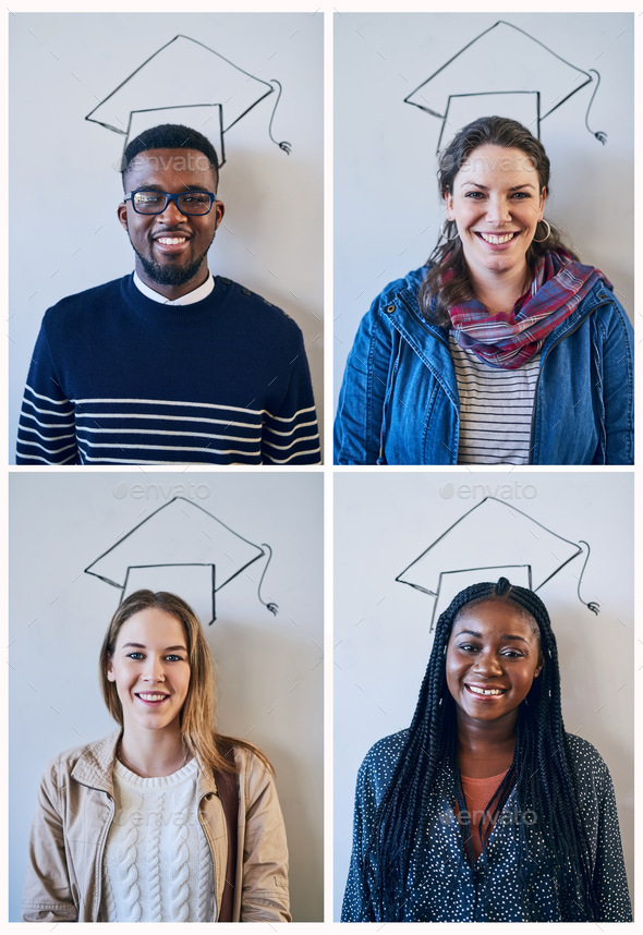 Composite shot of university students standing with a drawn graduation ...