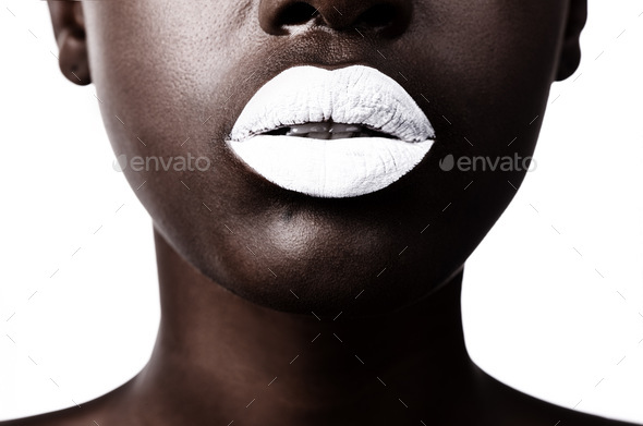 Cropped shot of a womans face showing the lower half only on a white ...