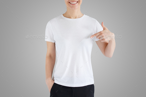 No face photo of female pointing at blank white t-shirt with copy space ...