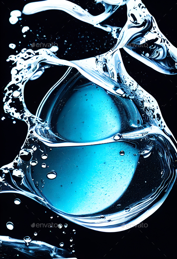 Image of white and blue particles and liquids moving on black ...
