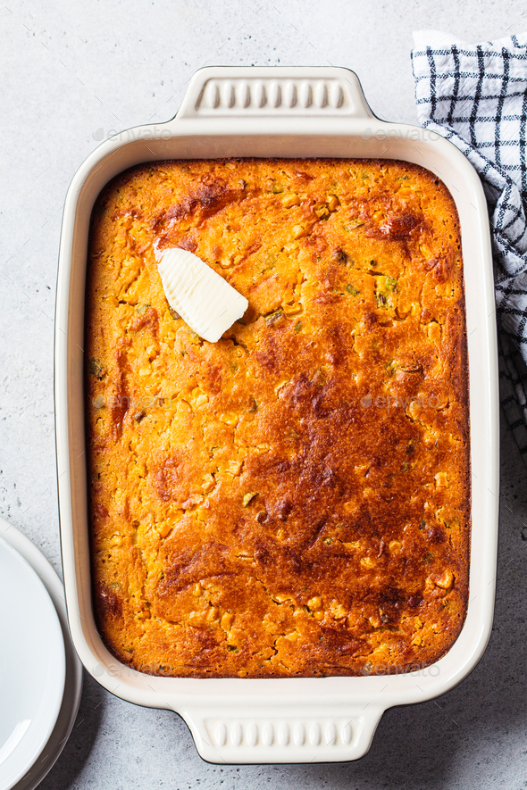 Baked cheddar cornbread. Festive Christmas dish. Stock Photo by vaaseenaa