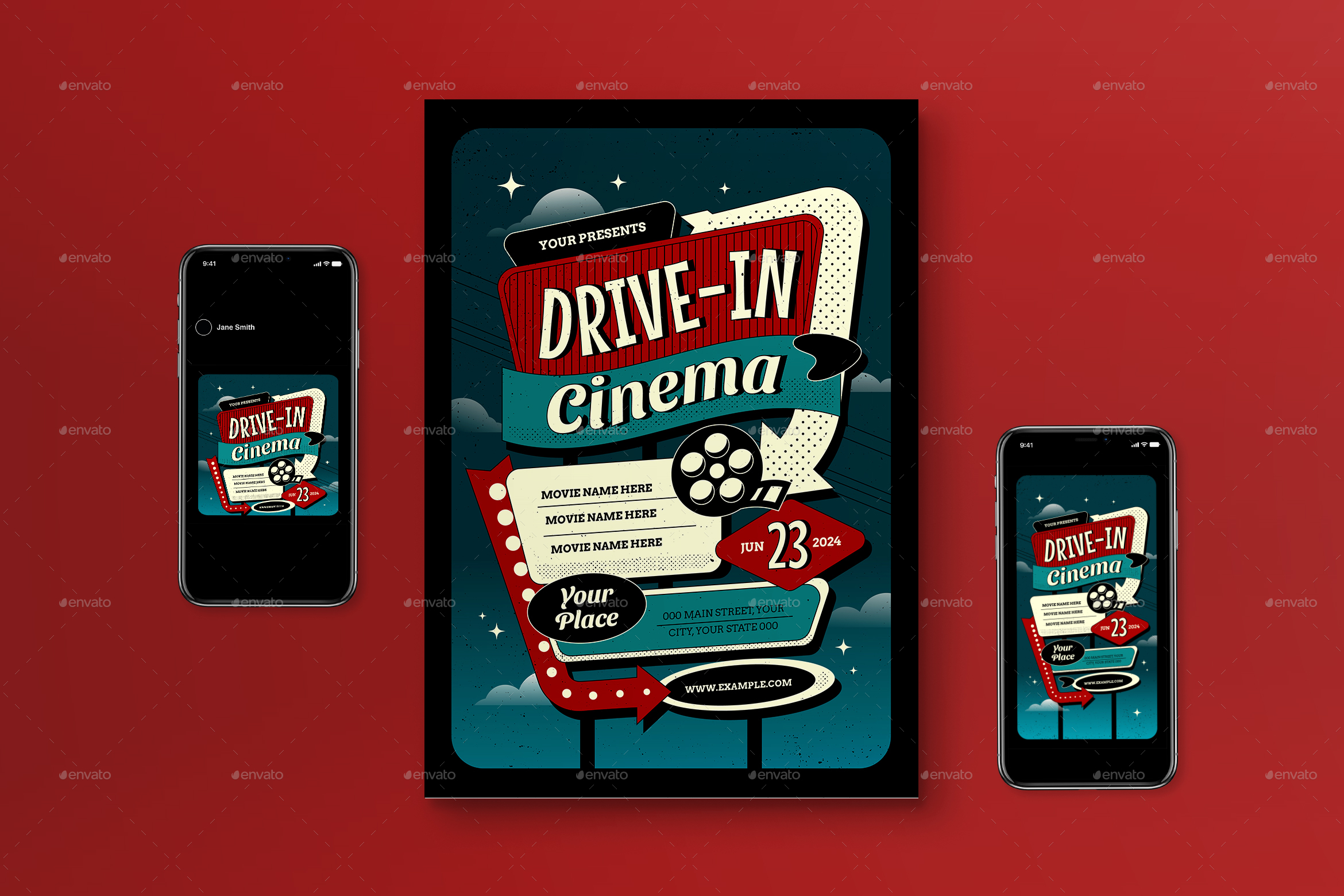 Blue Red Retro Mid Century Drive In Cinema Flyer Set, Print Templates