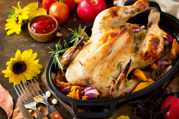 Thanksgiving Day food concept. Homemade Roasted Turkey on dark rustic ...