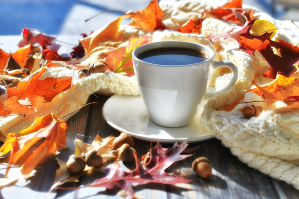 Autumn Season Coffee with fall foliage and cozy blanket outside Stock ...