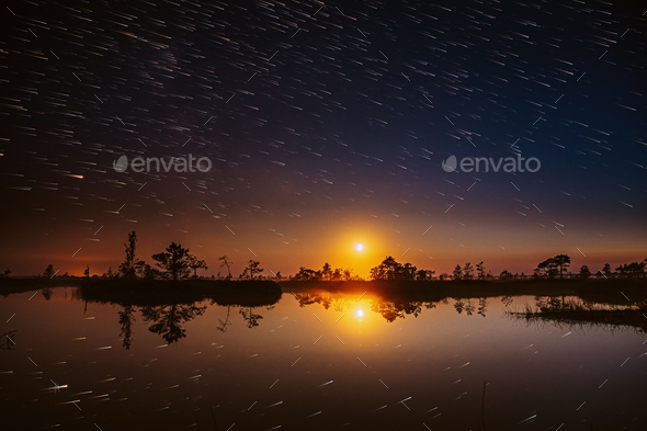 Abstract Sunset Trace Of Sun Above Rural Landscape. Soft Colors. Bright ...