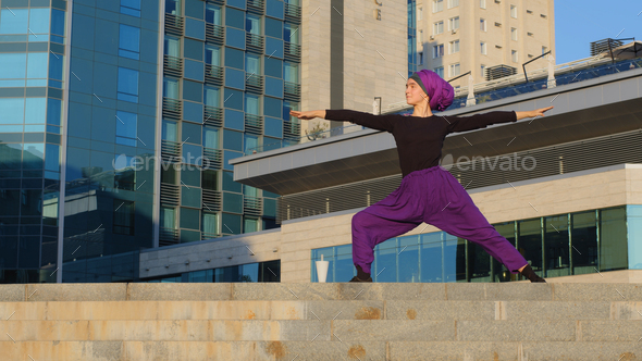 Strong young calm muslim islamic woman in hijab girl yogi sportswoman ...