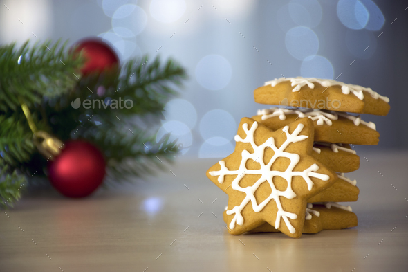 Stack of traditional Christmas cookies gingerbread in snowflake shape ...