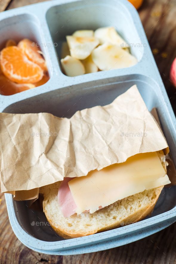 Ham and cheese sandwich in school lunchbox, top view Stock Photo by ...