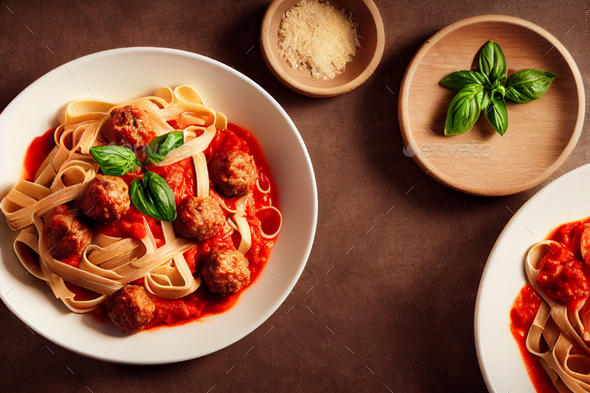 Pasta fettuccine with meatballs sauce in black bowl. Cinematic background. Close up. Top view ...