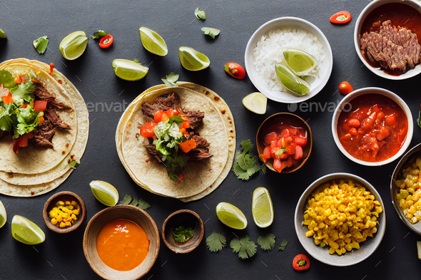 Mexican street tacos flat lay composition with pork carnitas, avocado ...