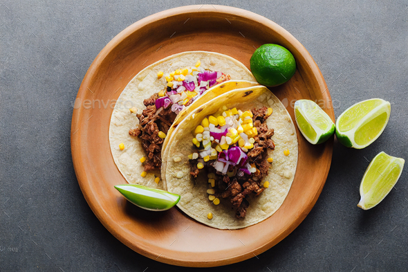 Mexican street tacos flat lay composition with pork carnitas, avocado ...