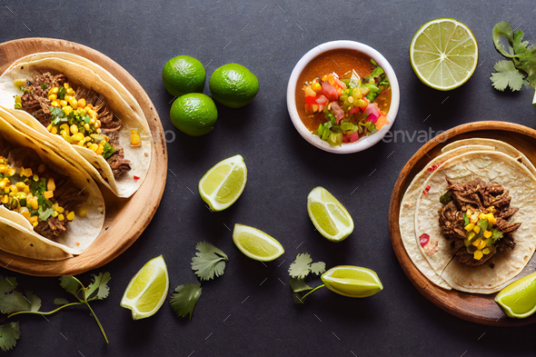 Mexican street tacos flat lay composition with pork carnitas, avocado ...