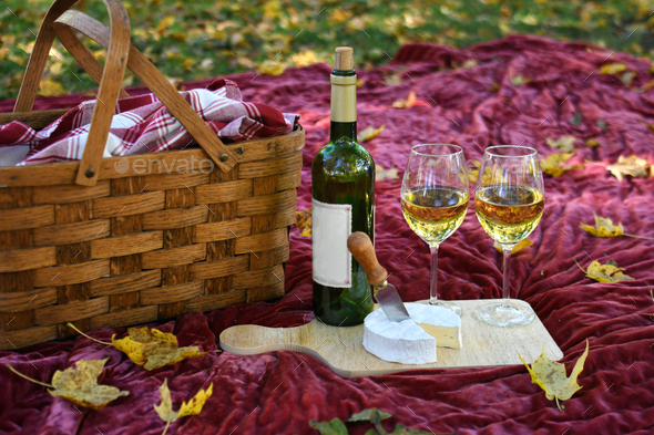 Romantic autumn picnic on blanket with wine and cheese, blank label for ...