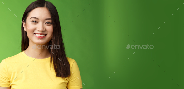 Optimistic cute carefree asian girl taking care skin condition, smiling ...