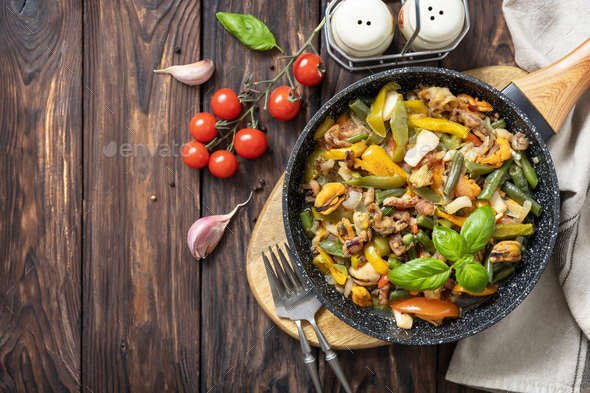 Seafood ragout, healthy mediterranean dinner. Seafood shrimps, calamari ...