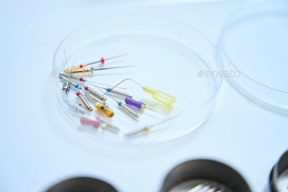 Set of dental endo-chucks in transparent round container Stock Photo by ...