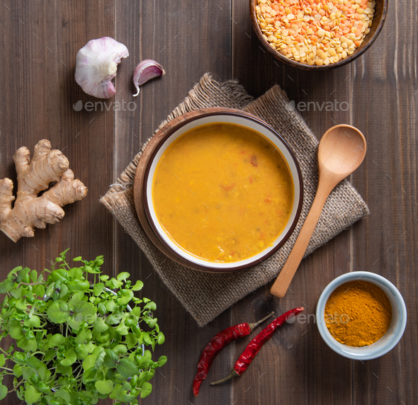 Masala soup. Indian national dish with curry, chili pepper and red ...
