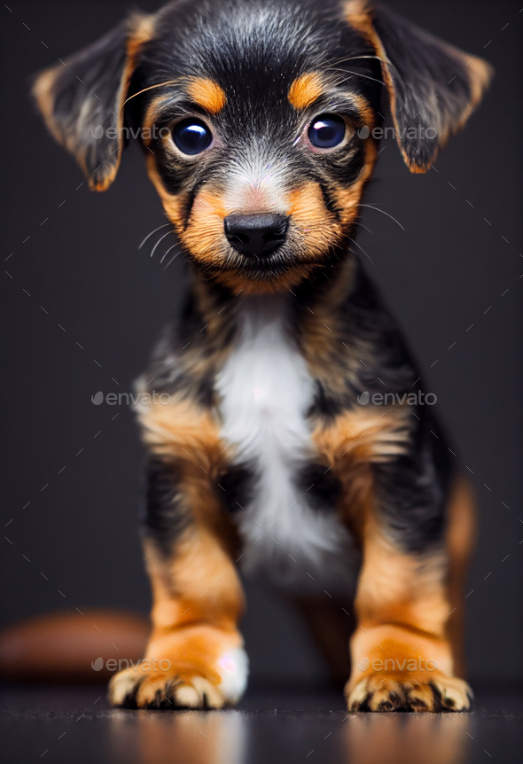 Tiny cute adorable teckel puppy, with black background, studio lighting ...