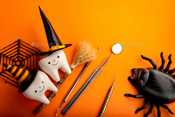 Happy halloween.dental concept.spider web pumpkin.dental tools on ...