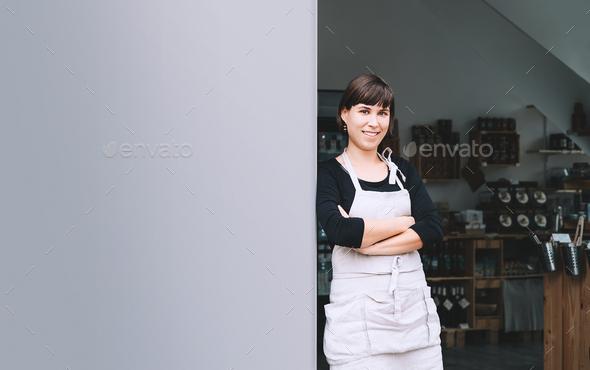 Portrait of owner of zero waste shop. Sustainable small businesses ...