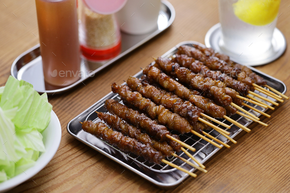 grilled chicken skin skewers ( Tori Kawa Yakitori ), Japanese food ...