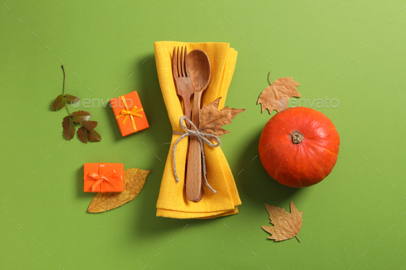 Concept of Thanksgiving day, Autumn table setting, top view Stock Photo ...