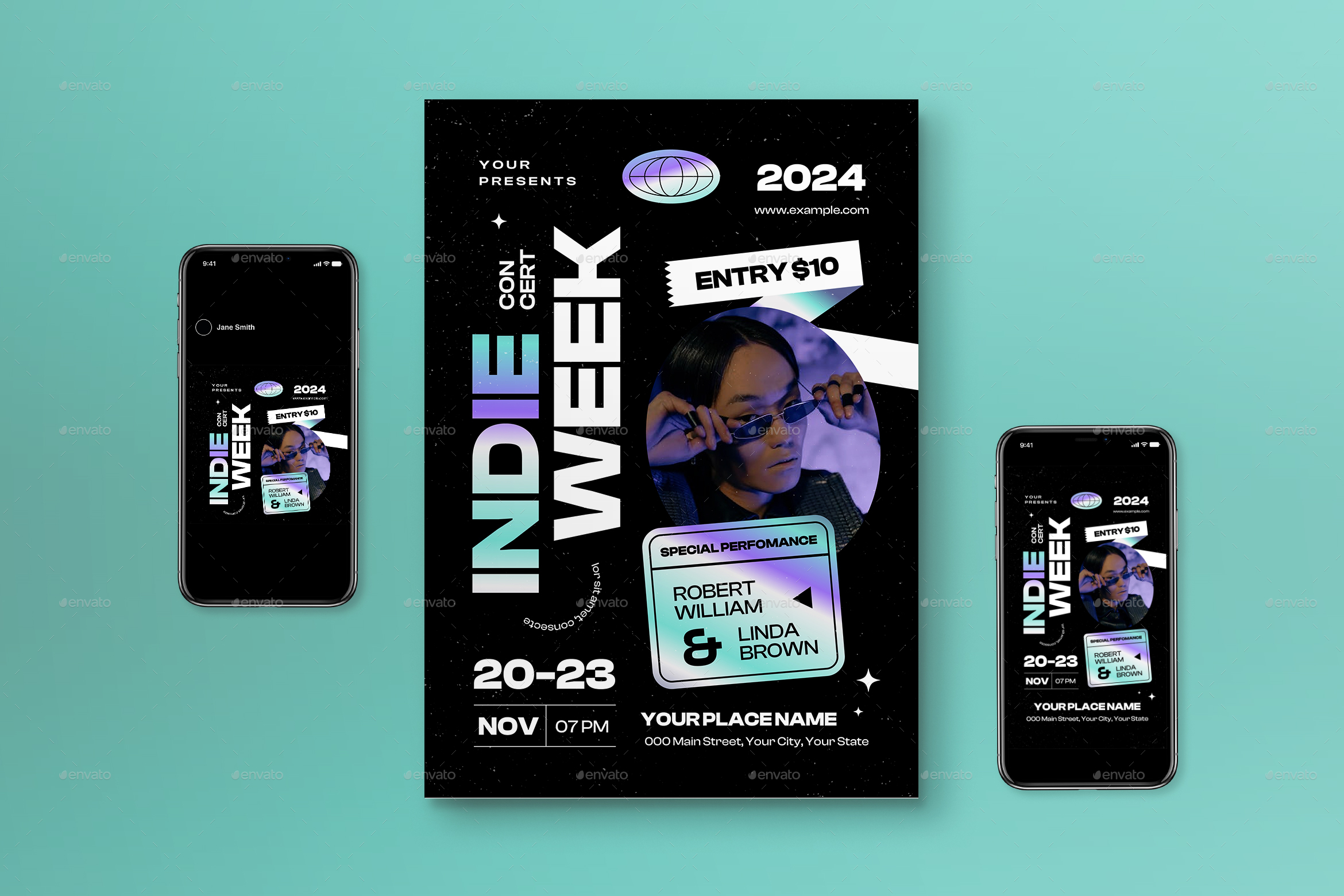 Gradient Hologram Edgy Indie Concert Week Flyer Set, Print Templates