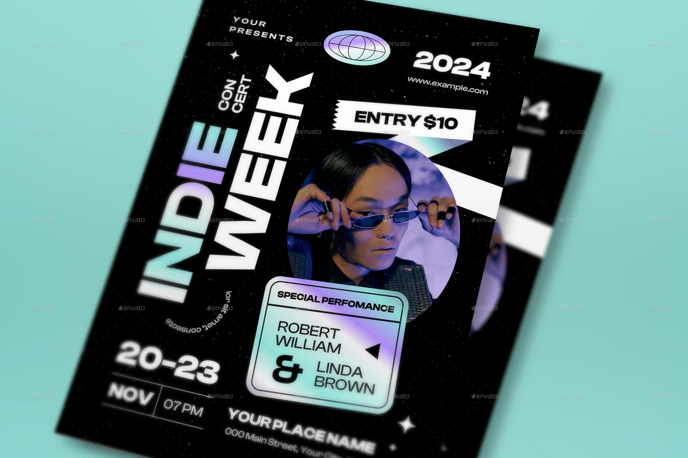 Gradient Hologram Edgy Indie Concert Week Flyer Set, Print Templates