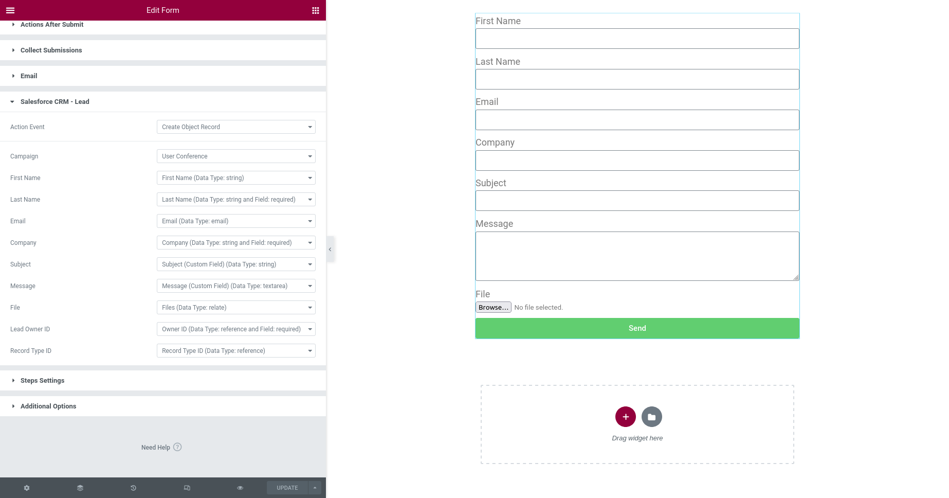 Elementor Pro Form Widget - Salesforce CRM Integration by obtaincode