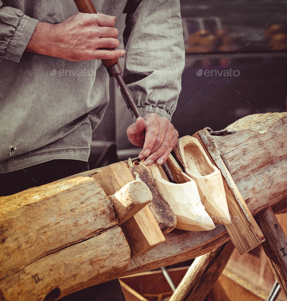 A Traditional Dutch Craft Of Making Wooden Traditional Shoes. The ...